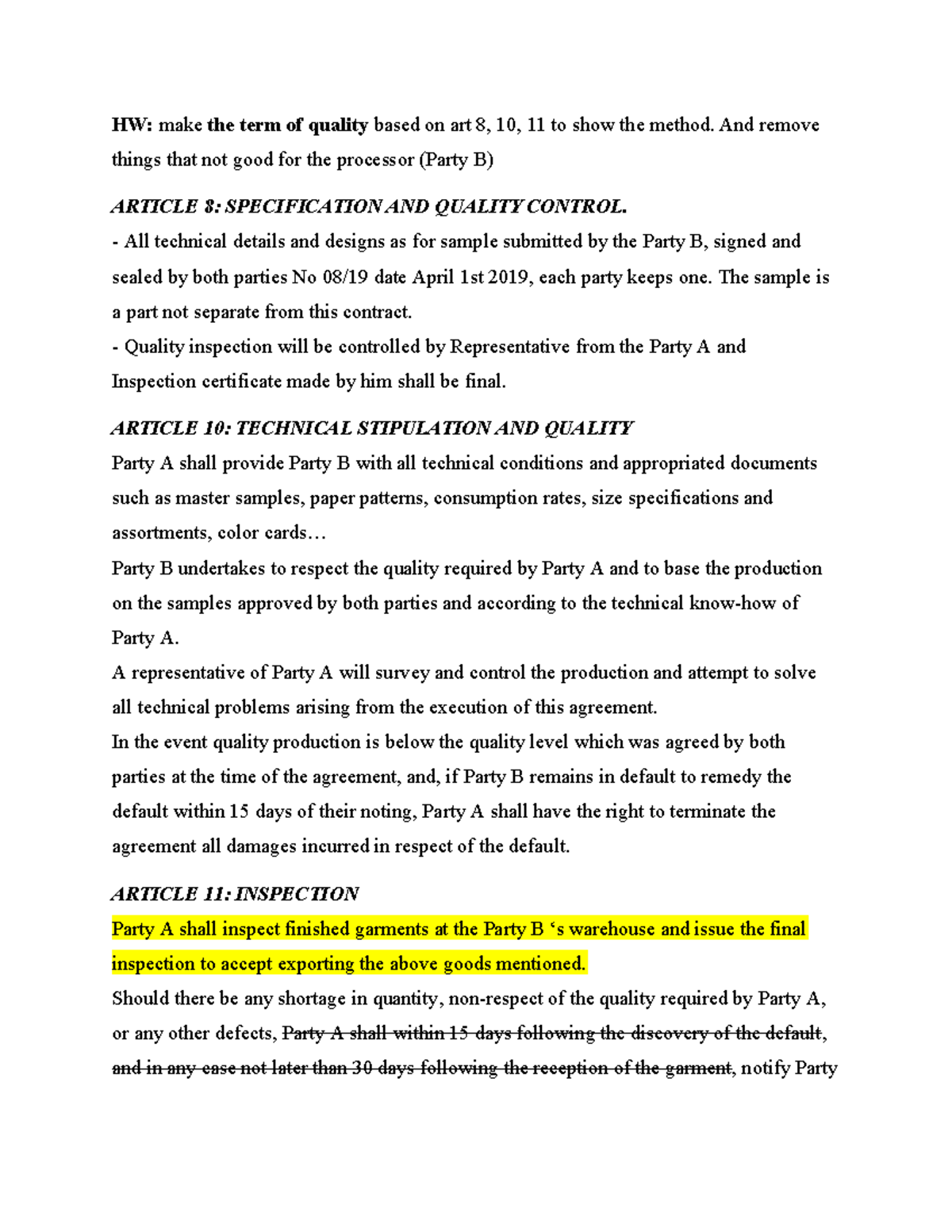HW - Export - Import Management - HW: make the term of quality based on ...