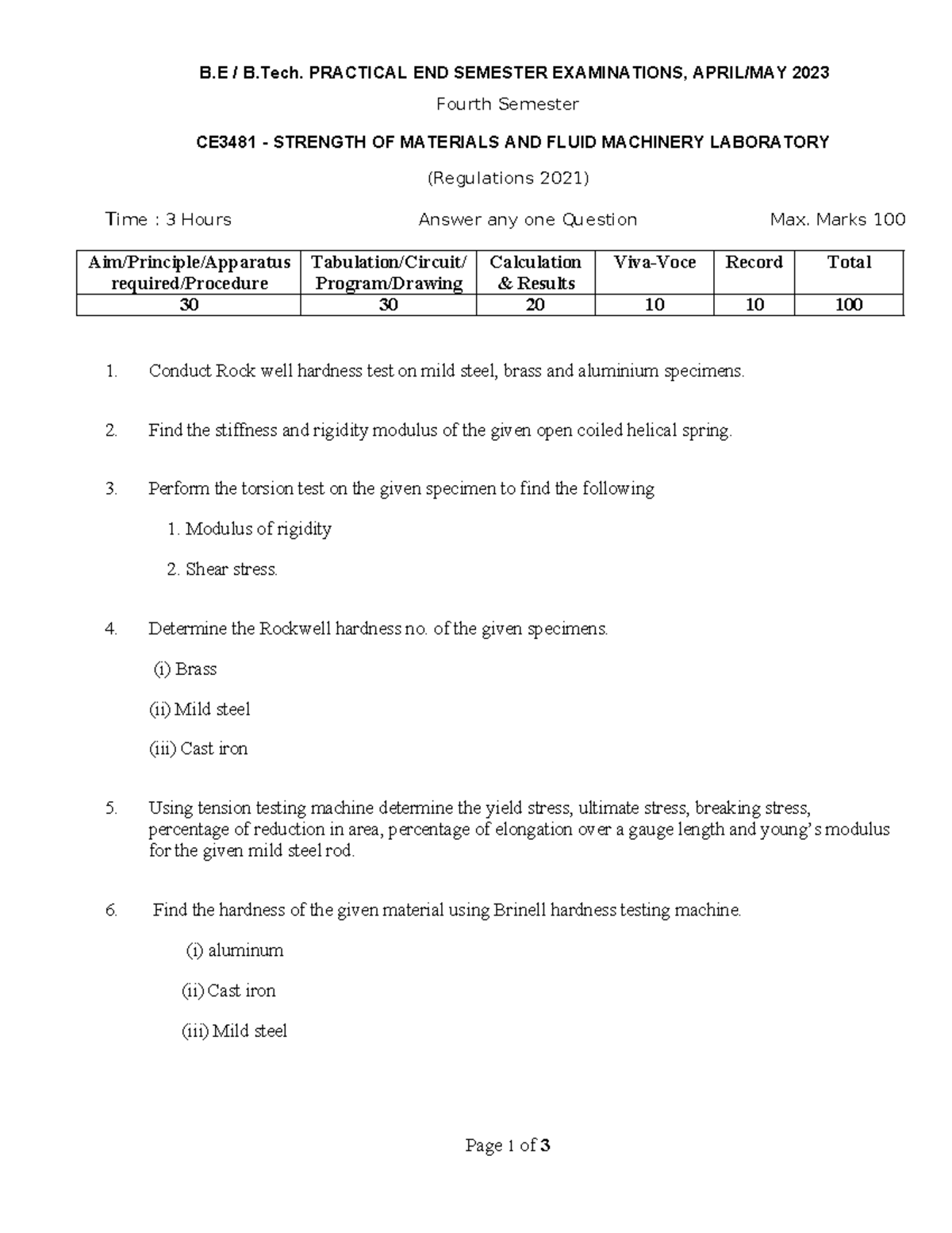 CE3481 - Strength of Materials & Fluid Machinery Lab QP - Sem 4 - Studocu