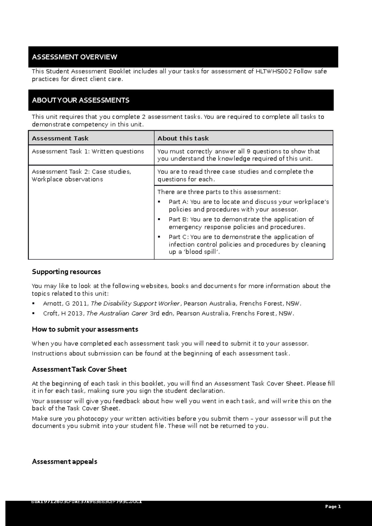 HLTWHS002 Assessment Tasks: Written Qs, Case Studies & Workplace ...