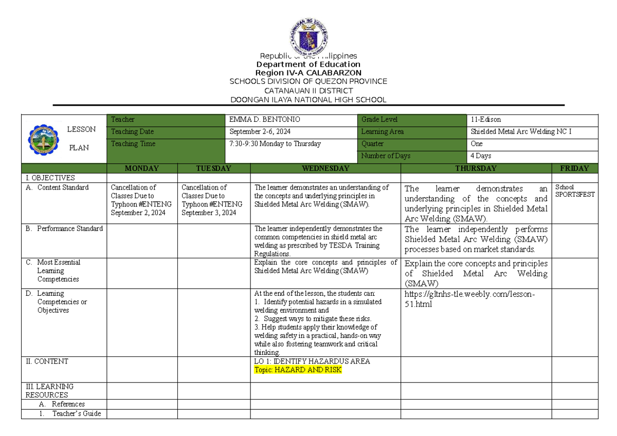 DLL 1: Lesson Plan for Shielded Metal Arc Welding (SMAW) NC I - Studocu