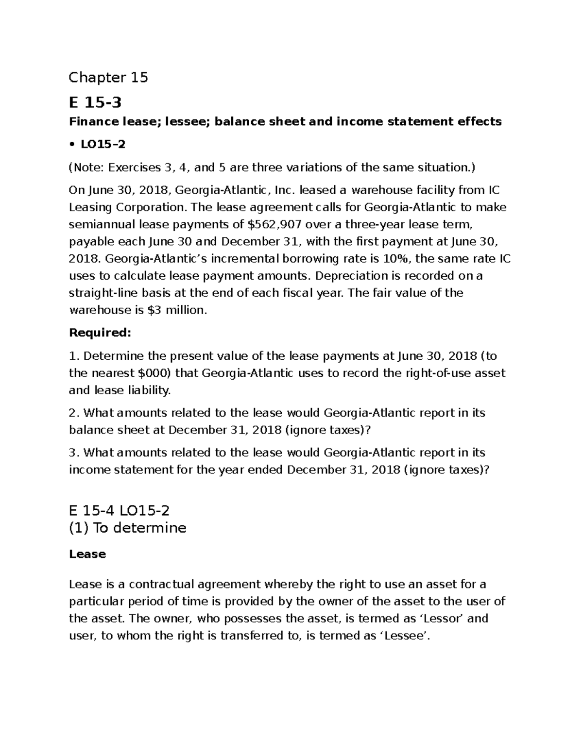 E 15-4 - Chapter 15 Lease Accounting Problems and Solutions - Studocu
