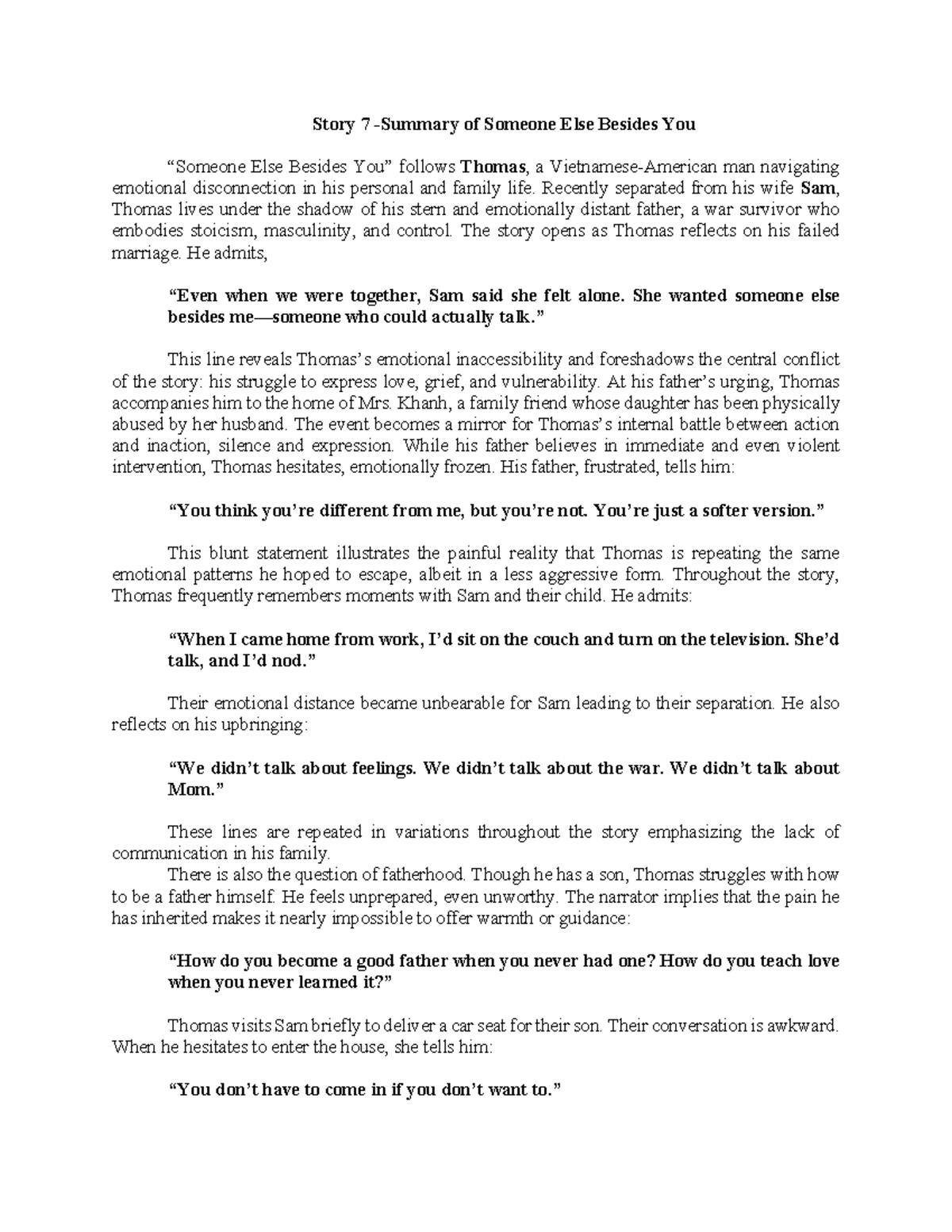 Summary of Story 7: Someone Else Besides You Analysis - Studocu