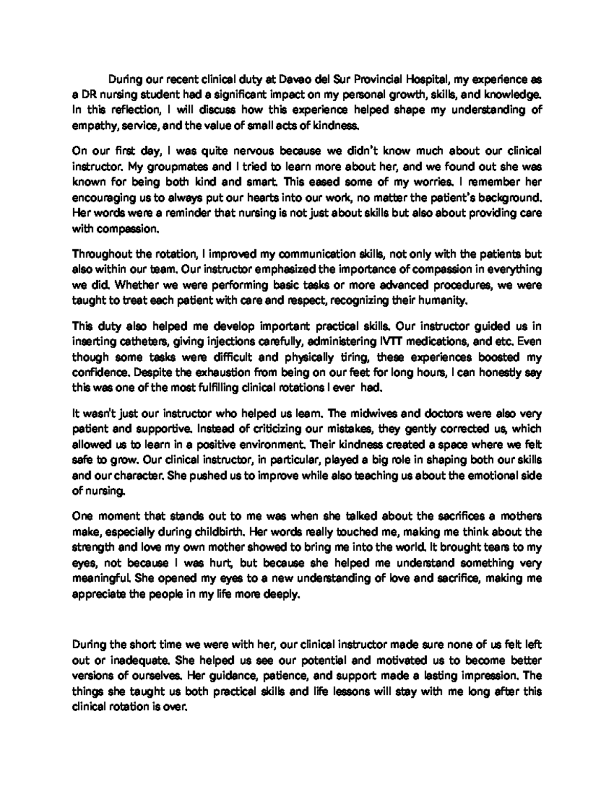 Reflection Paper on Clinical Duty Experience (DRN 102) - Studocu