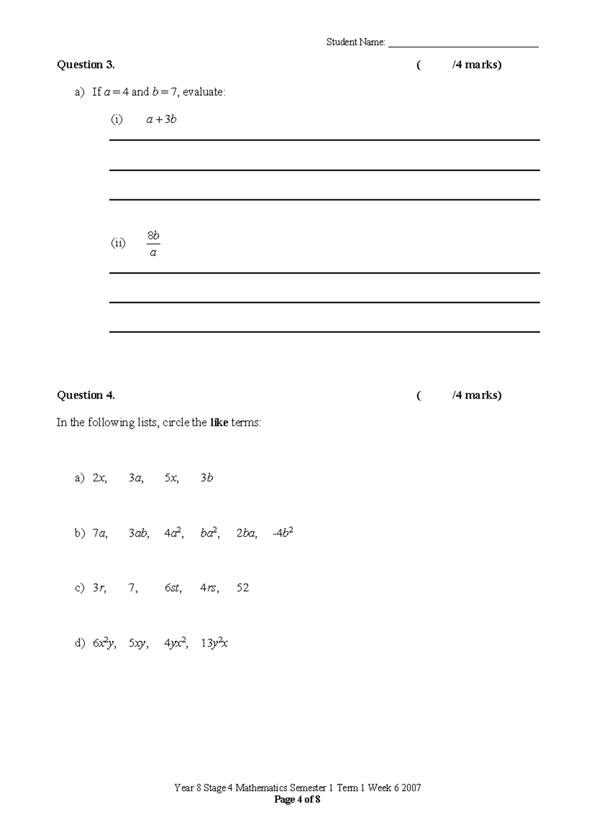 Year 8 Algebra Topic Test - Semester 1 Term 1 - Studocu