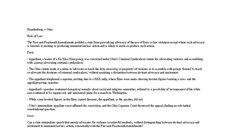 Brandenburg v. Ohio & Related Cases: First Amendment Insights - Studocu