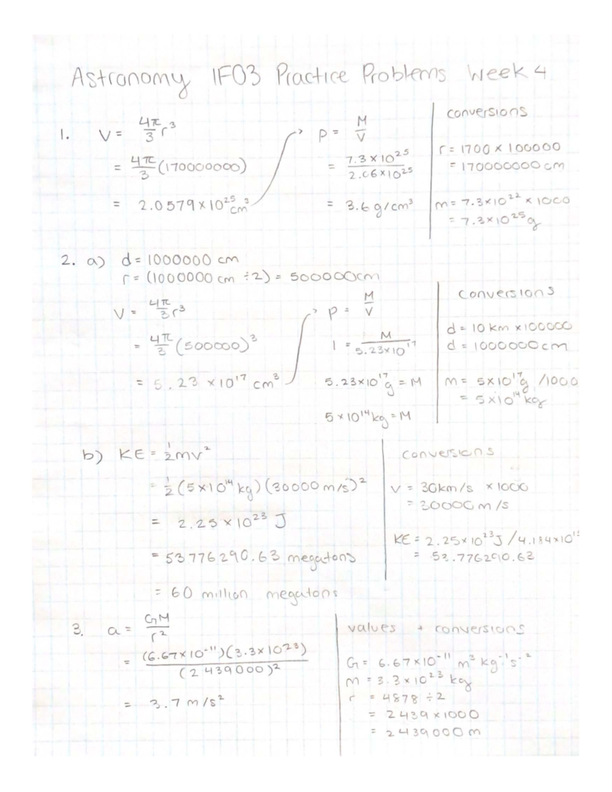 Astronomy IF03 Week 4 Practice Problems on Conversions and Calculations ...