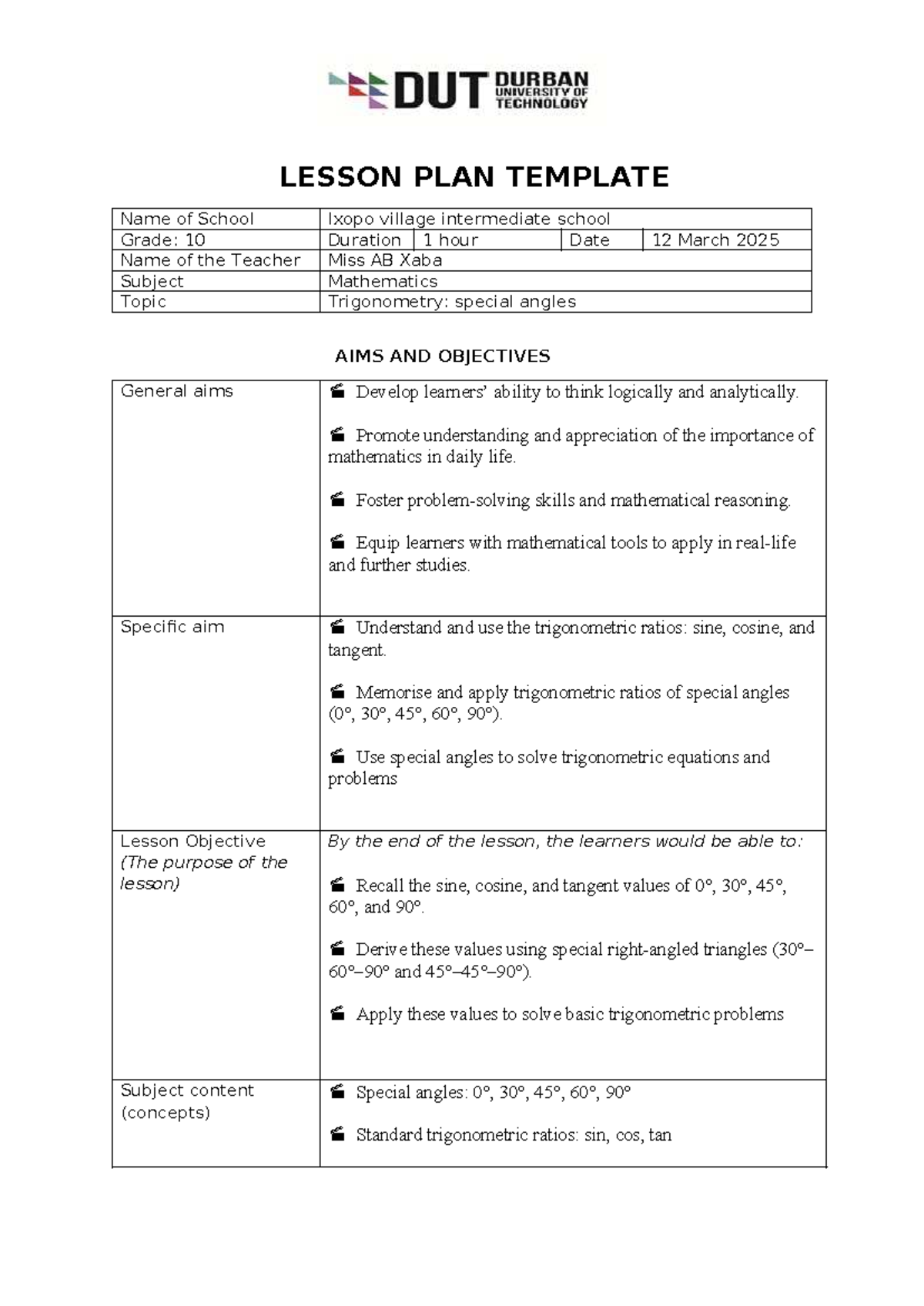 TRIG 10: Special Angles - Lesson Plan for Trigonometry - Studocu
