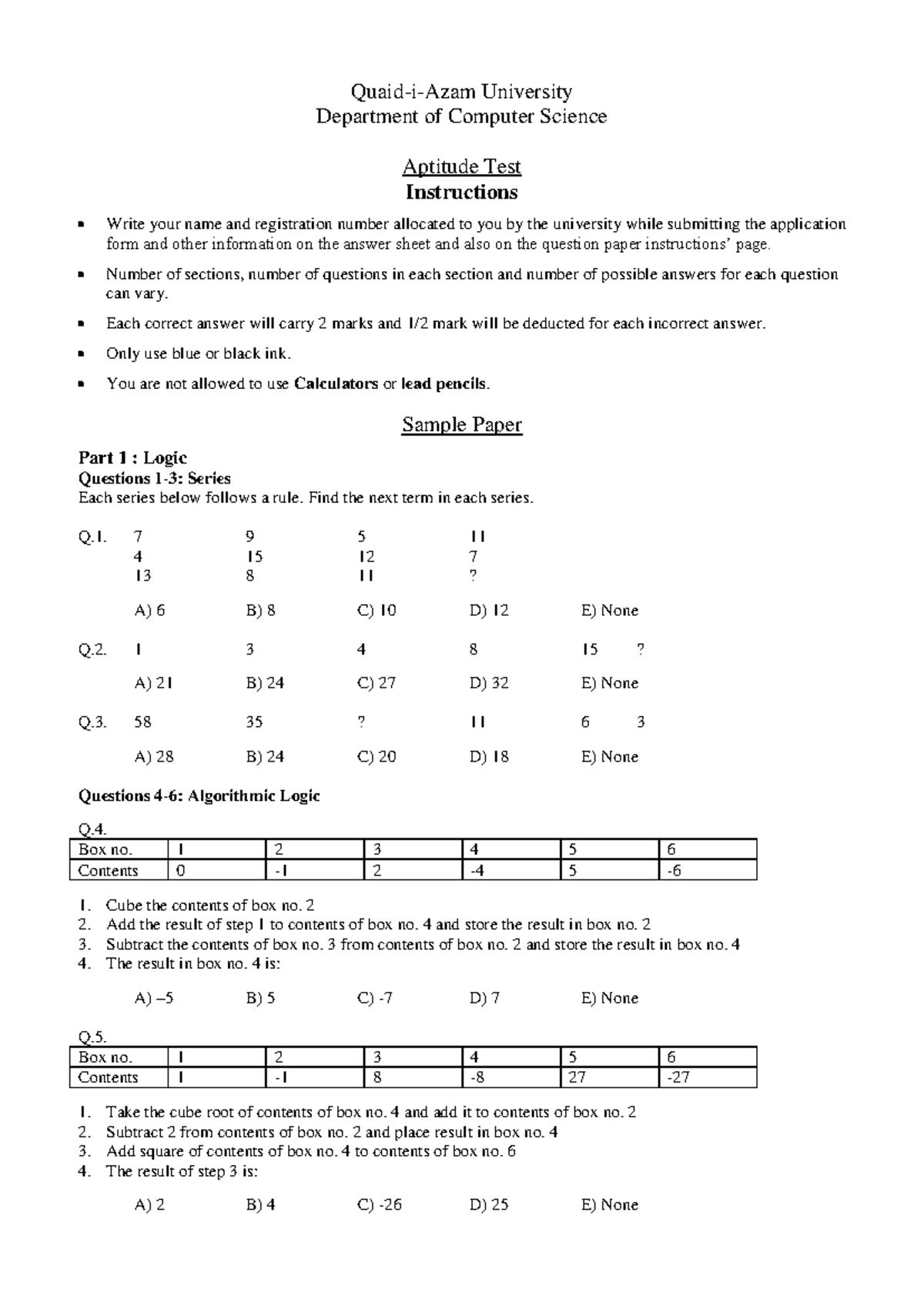 CS 101: Sample Aptitude Test Instructions and Questions - Studocu