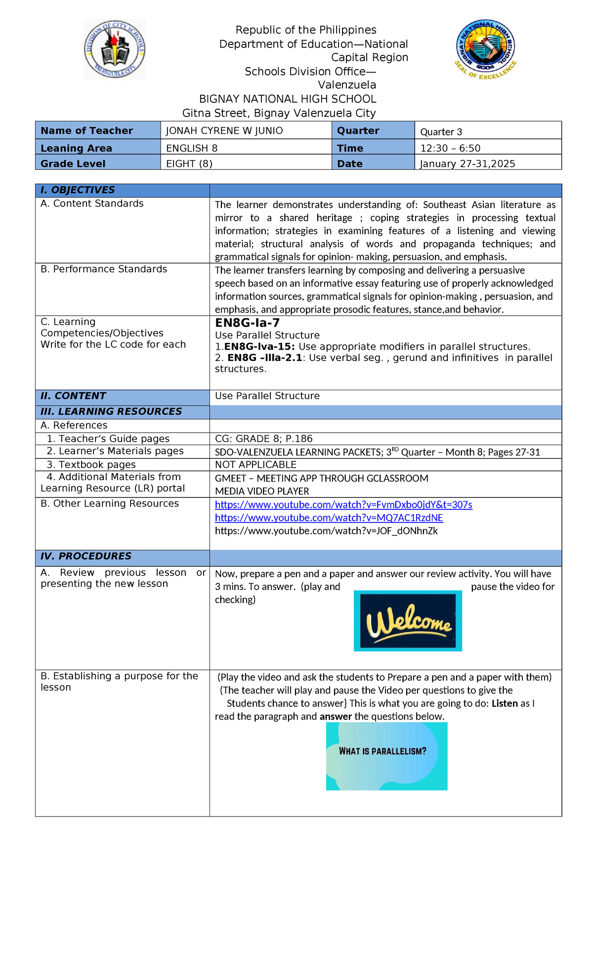 Lesson 8: Using Parallel Structure in English 8 - Q3 DLP Template - Studocu