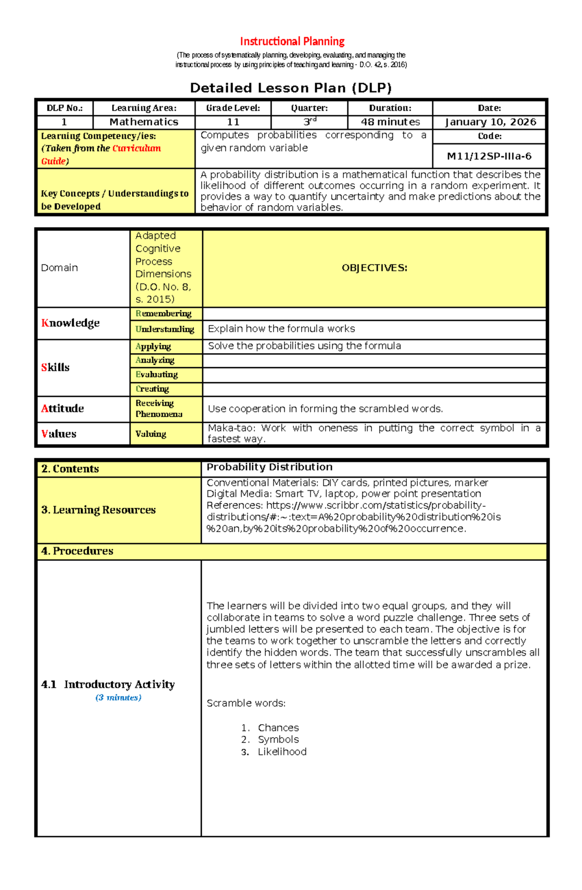 DLP 1: Detailed Lesson Plan on Probability Distribution for Math 3rd ...