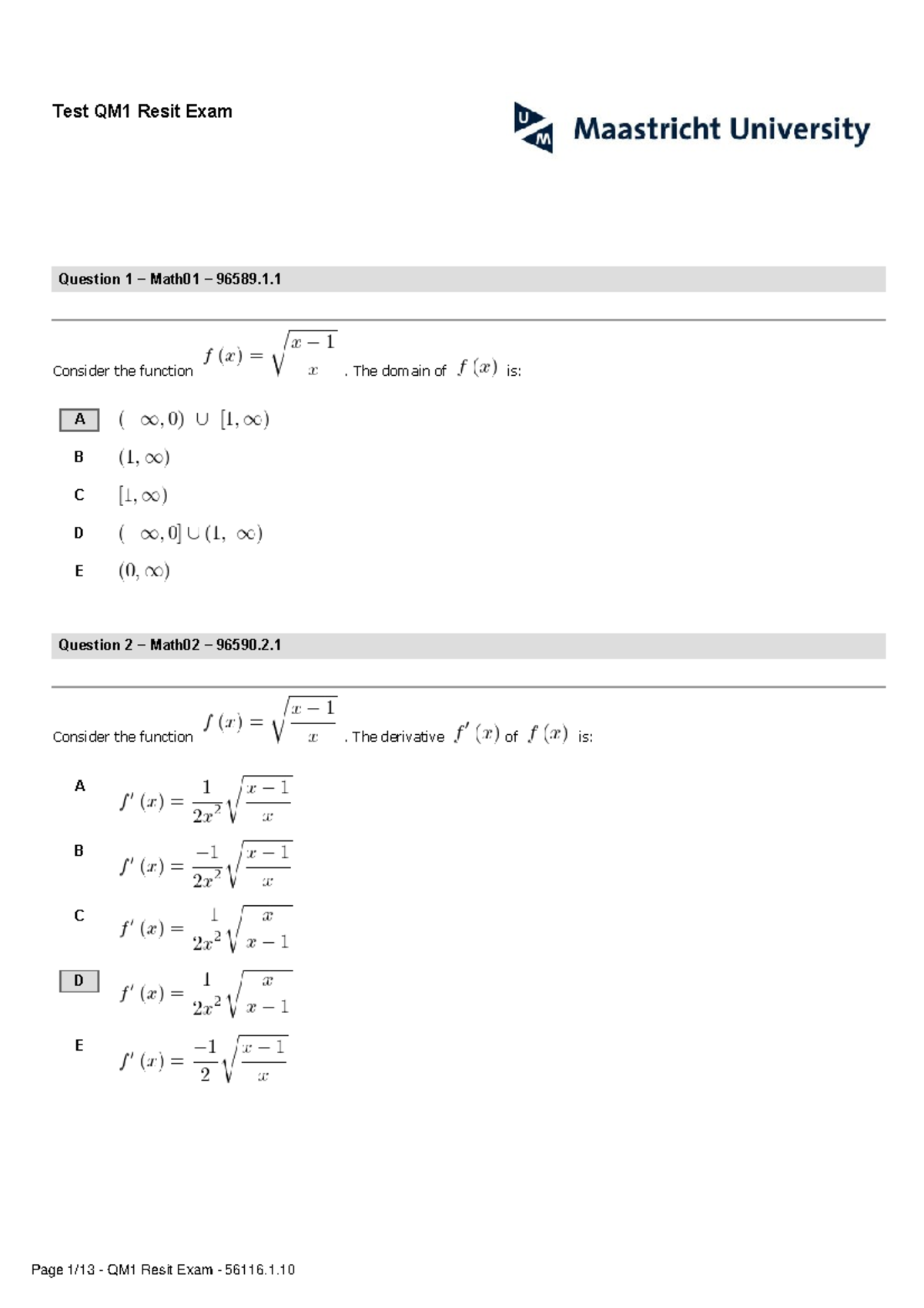 Exam QM1 2122 Re-Sit: Math & Stats Practice Questions - Studeersnel