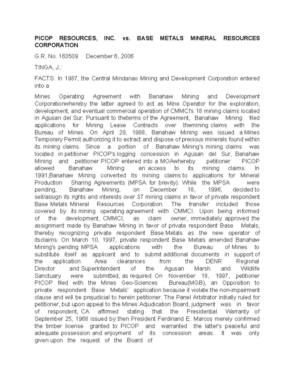 ENVI CASE STUDY: PICOP RESOURCES vs. BASE METALS (OCT 6) - Studocu