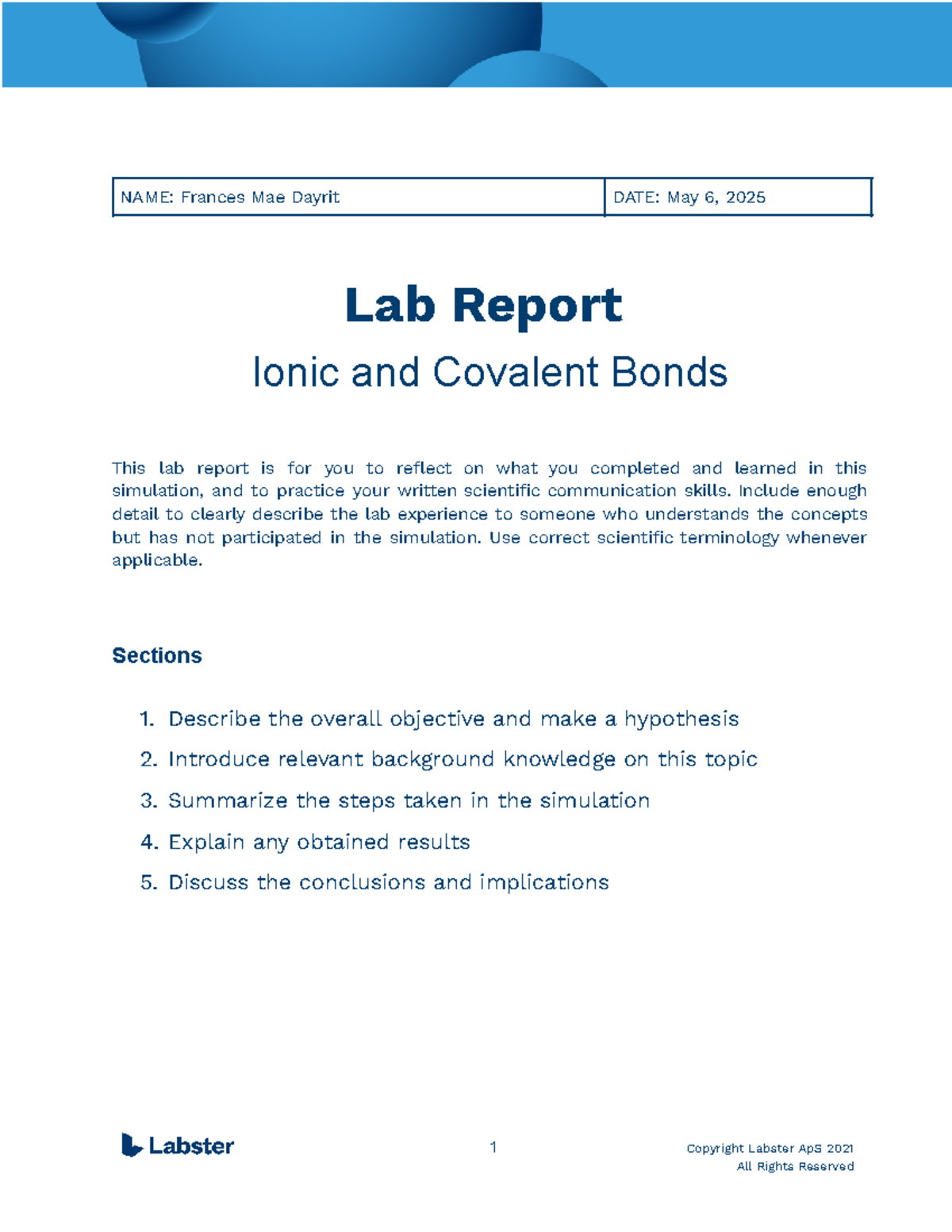 Lab Report: Ionic and Covalent Bonds Analysis (CHEM 101) - Studocu