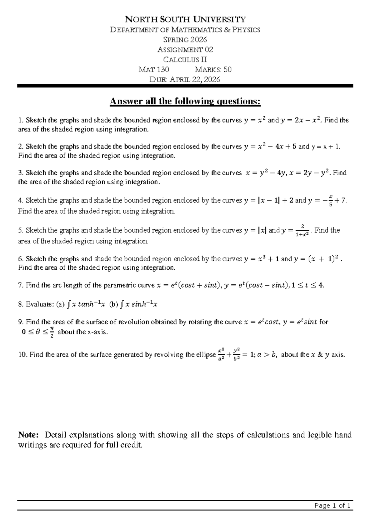 MAT 130 Calculus II Spring 2026 Assignment 02: Area & Arc Length - Studocu