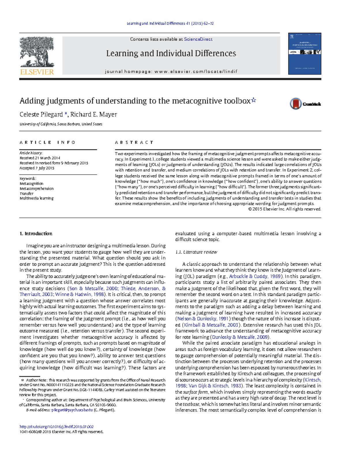 Adding Judgments of Understanding to the Metacognitive Toolbox: Insights from - Studocu