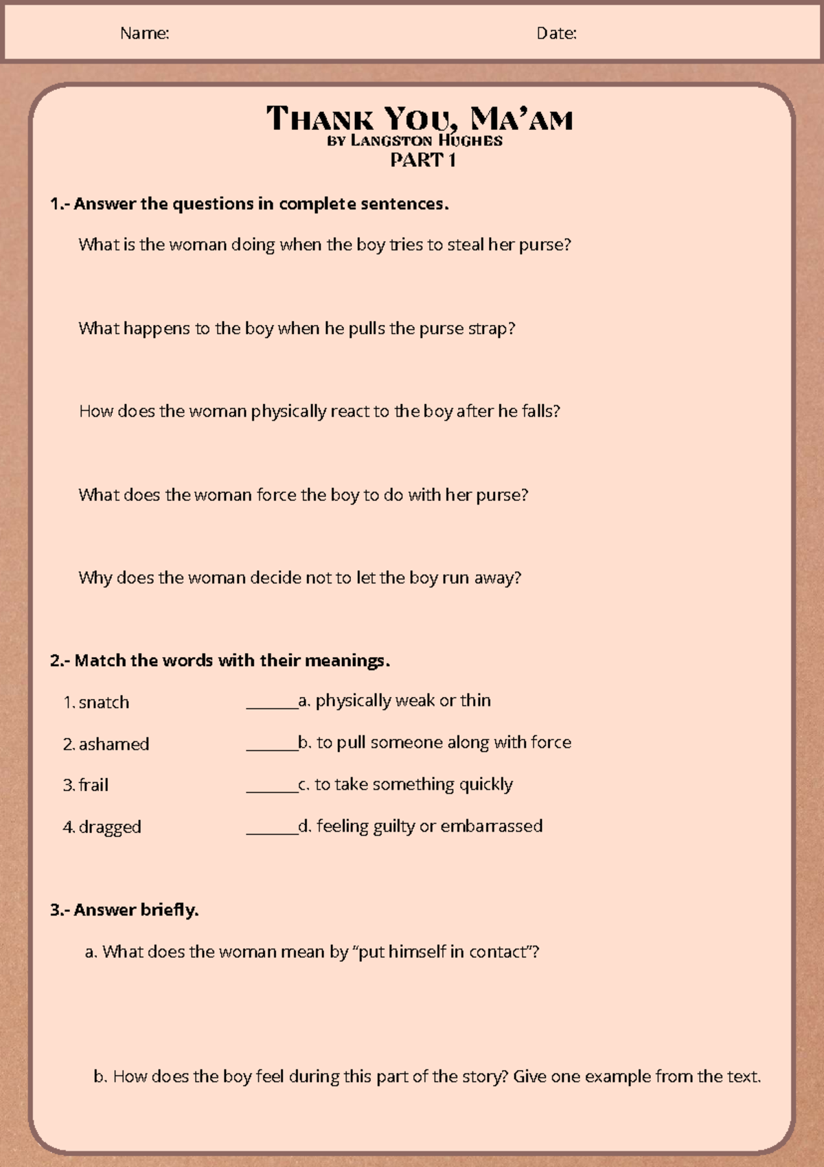 Reading Comprehension 1: Thank You, Langston Hughes Analysis - Studocu