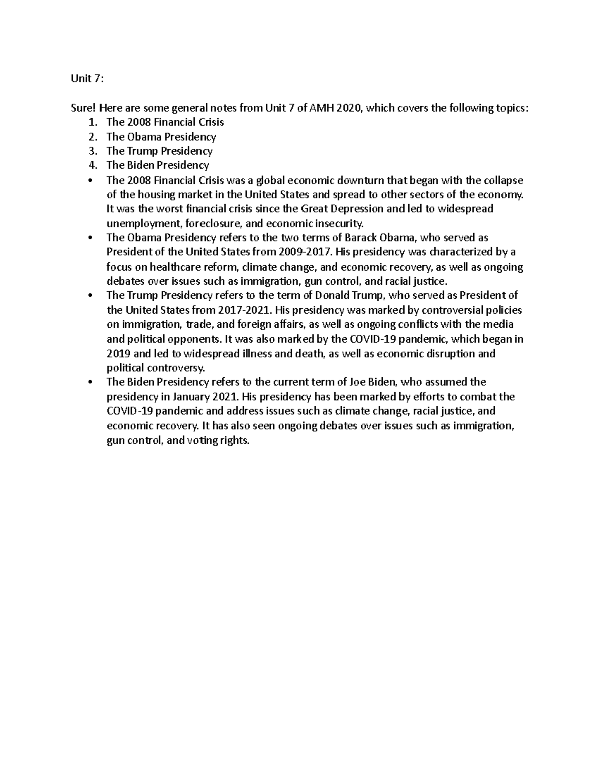 Unit 7 - Unit 7 Notes AMH - Unit 7: Sure! Here are some general notes ...