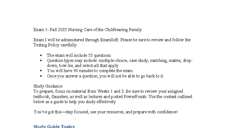 OB 203 Exam I Study Guide: Nursing Care of the Childbearing Family ...