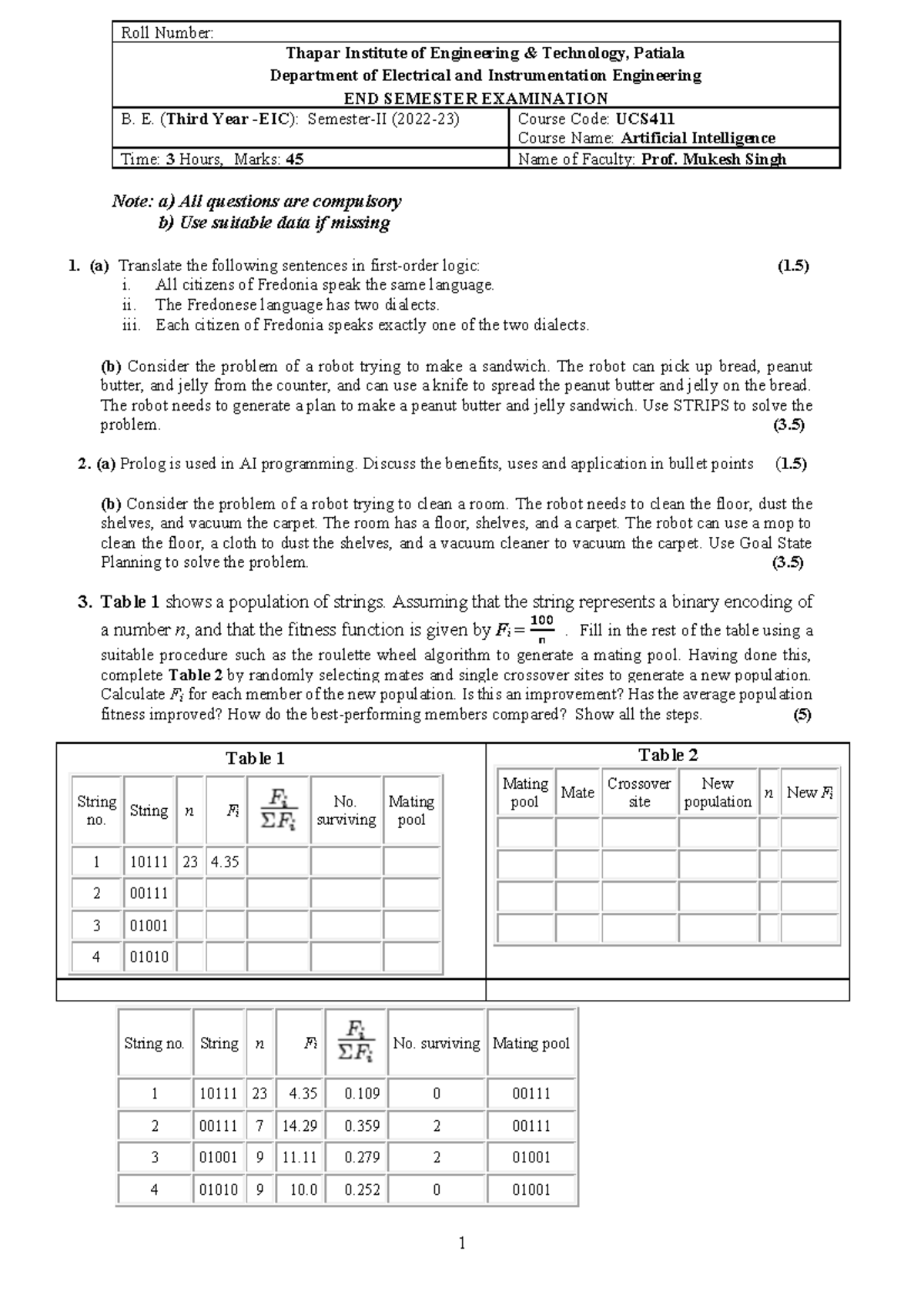 AI UCS411 End Semester Exam - Solutions and Problem-Solving Techniques ...