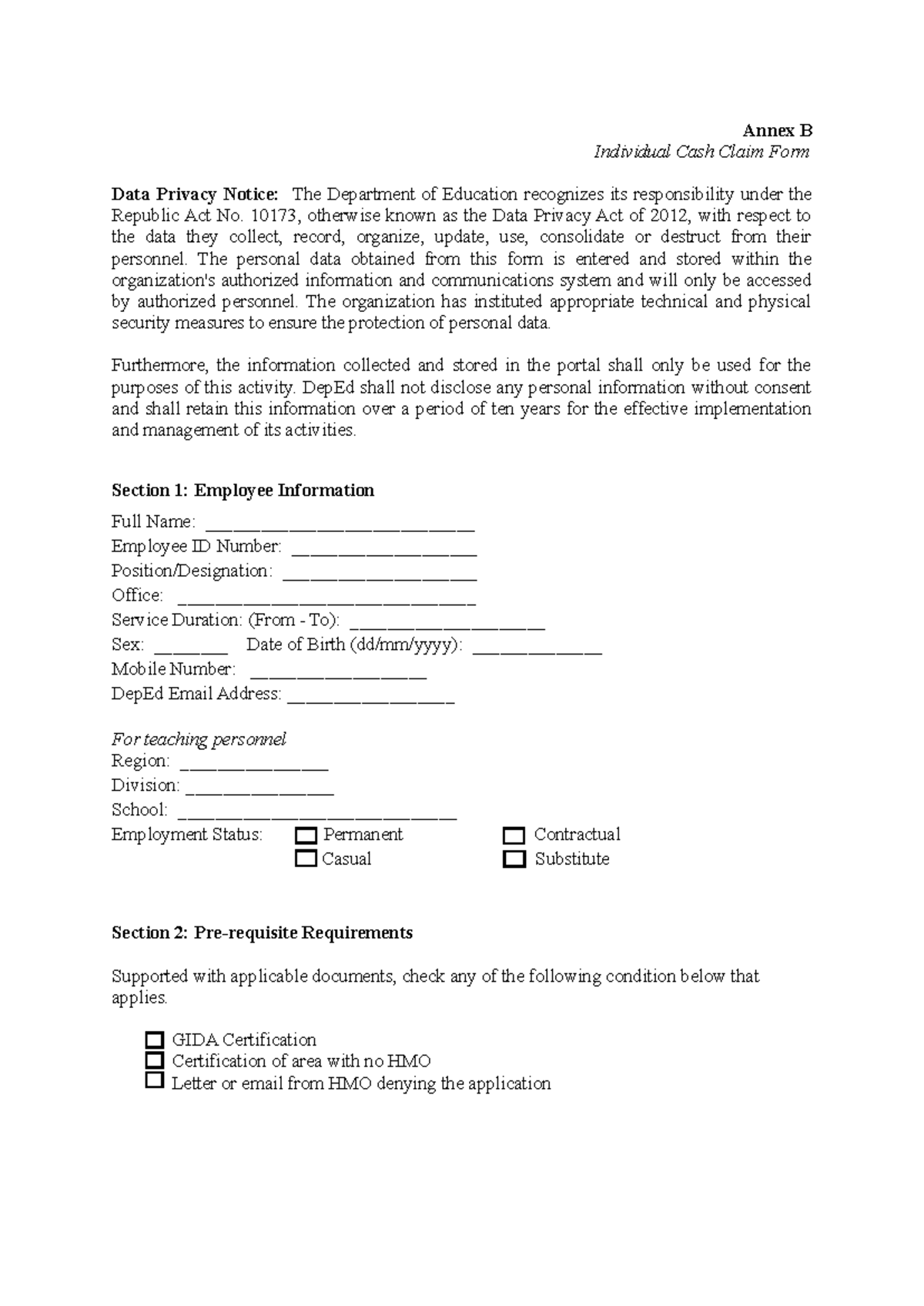 Annex B: Individual Cash Claim Form Data Privacy Notice 2025 - Studocu