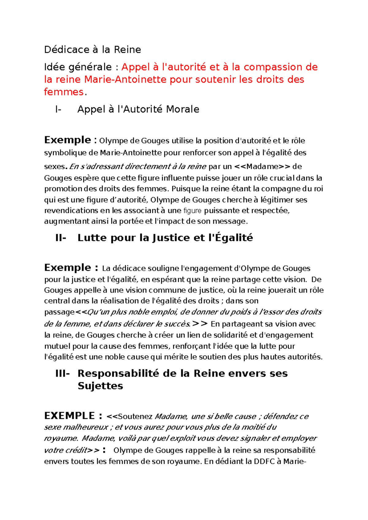 Argument - Dédicace à la Reine Idée générale : Appel à l'autorité et à ...
