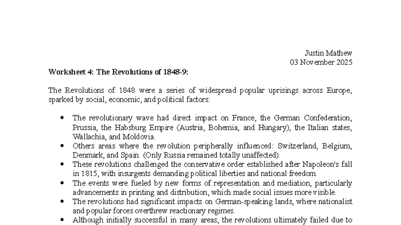 Worksheet 4: The 1848 Revolutions in Europe Analysis - Studocu