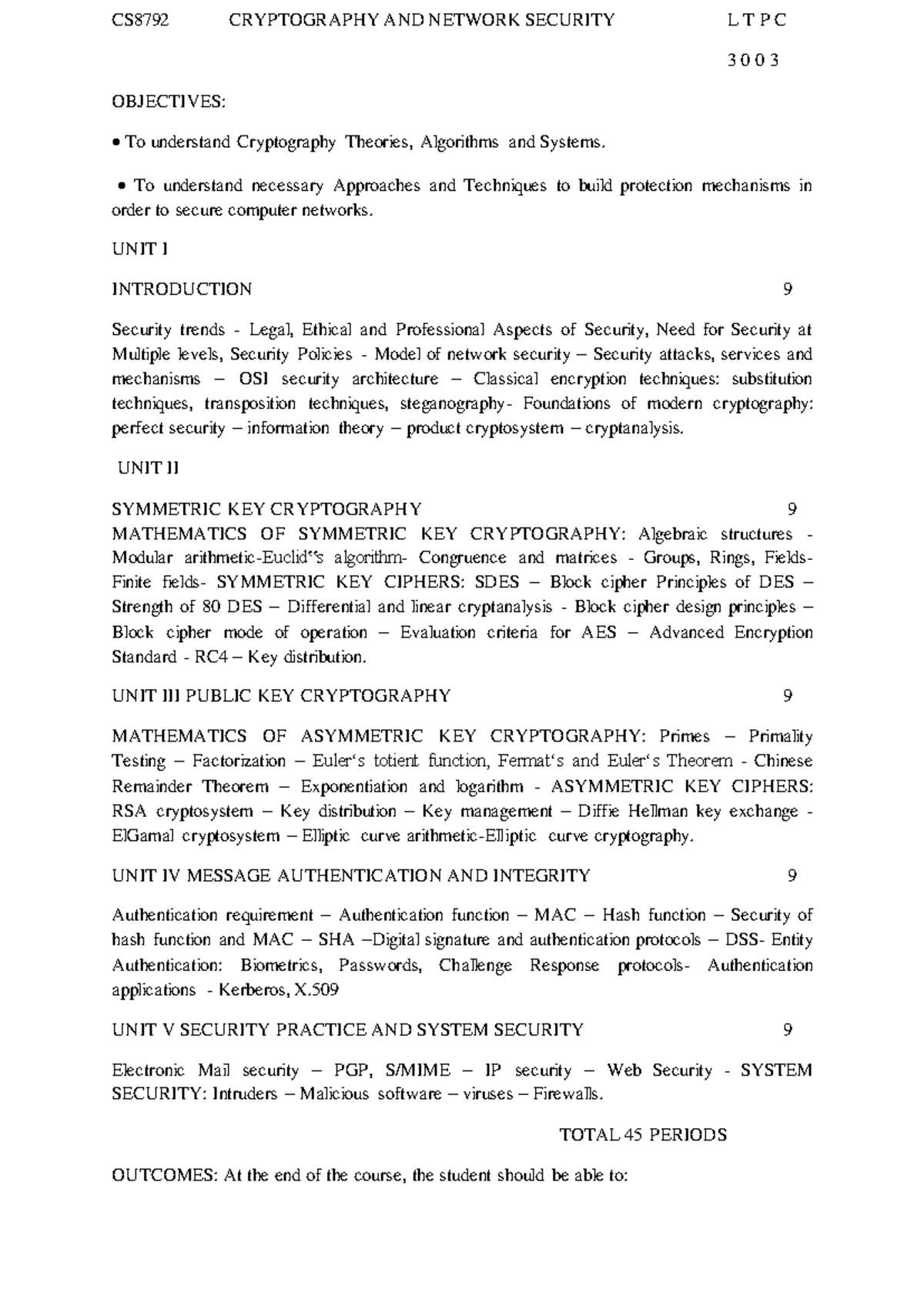 CS8792 Cryptography & Network Security Syllabus - R17 Edition - Studocu