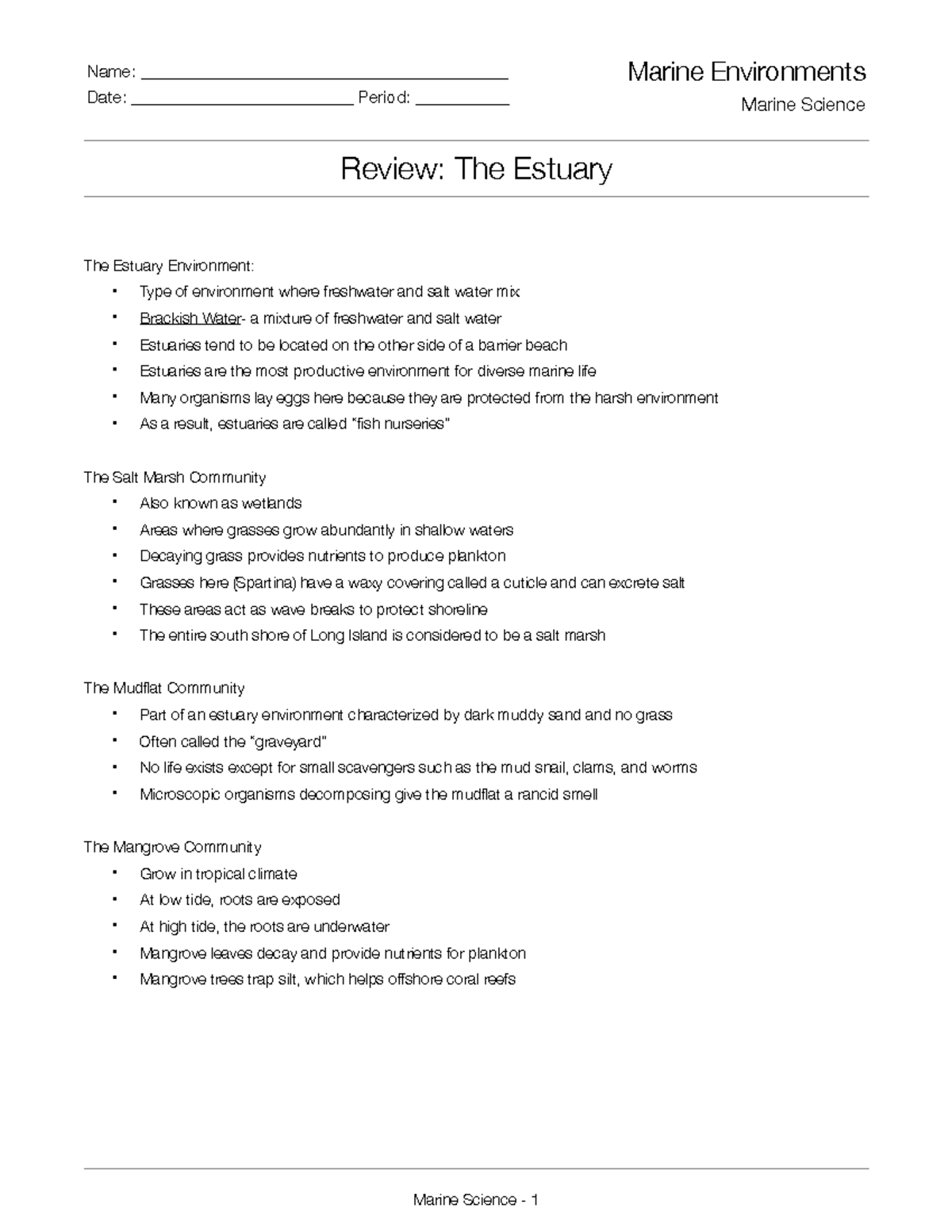 Marine Science 1: Review of Estuary Ecosystems and Communities - Studocu