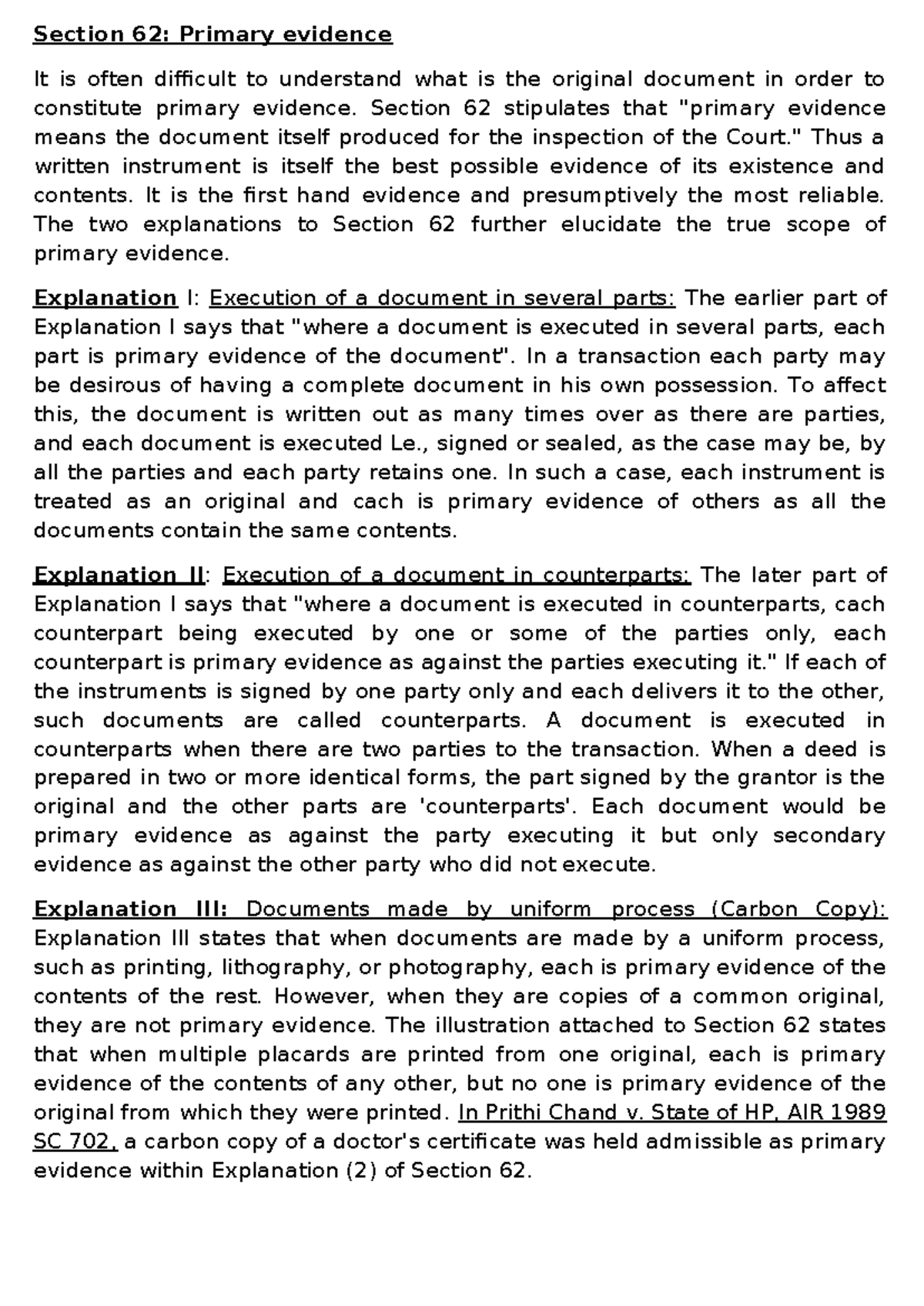 Section 62 & 63: Understanding Primary and Secondary Evidence - Studocu