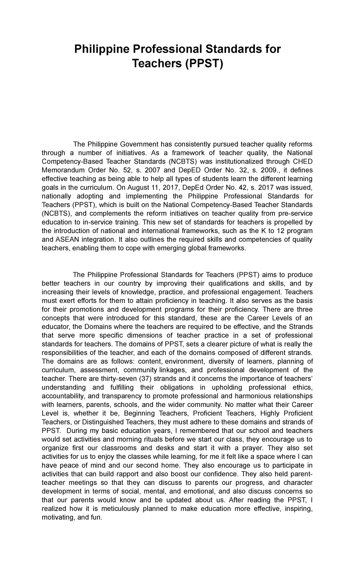 Reflection on the Philippine Professional Standards for Teachers (PPST ...