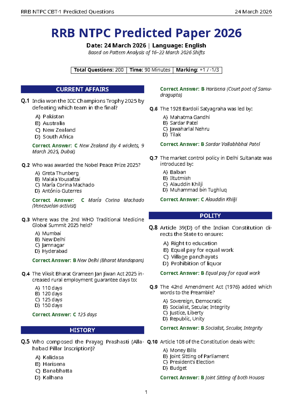RRB NTPC 2026 Predicted Questions for March Exam - Studocu