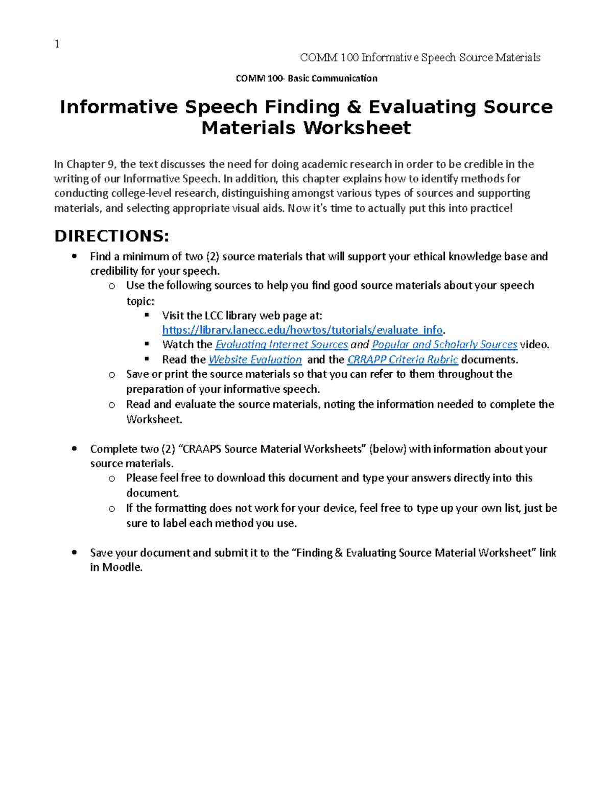COMM 100 Informative Speech Source Evaluation Worksheet - Studocu