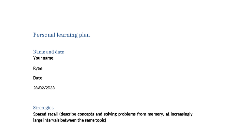 Personal Learning Plan: Week 1 Task 1 Cheat Sheet Notes - Studocu