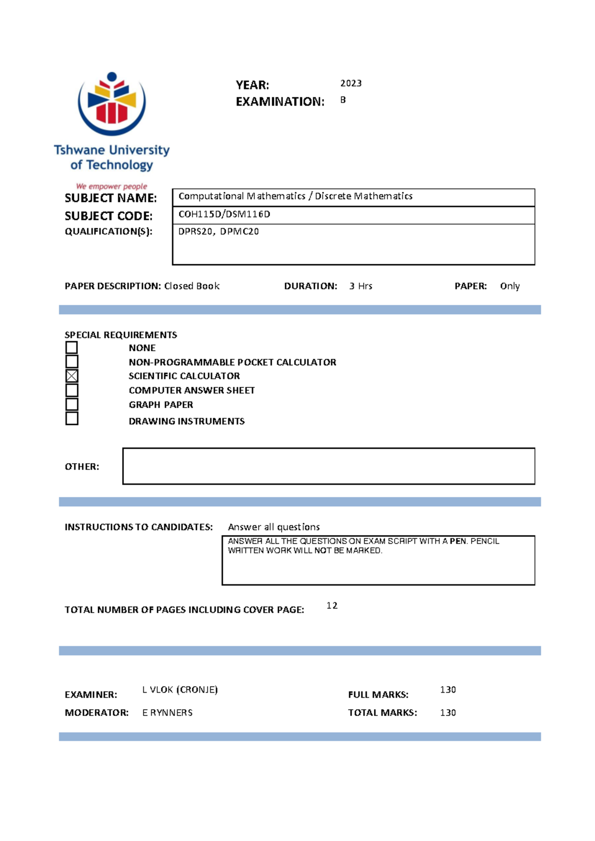 COH115D/DSM116D 2023 Exam Paper - Computational Mathematics Overview ...