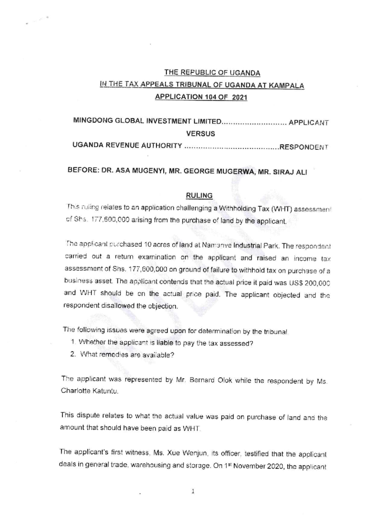 Mingdong Global Investments Ltd v Uganda Revenue Authority: WHT Dispute ...