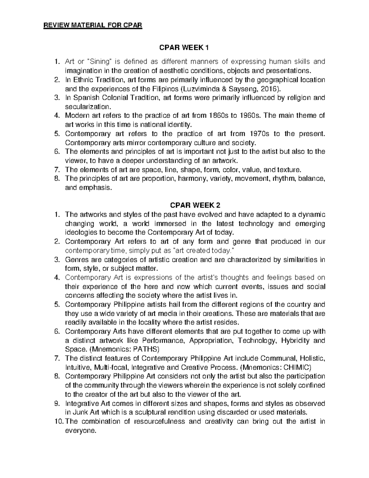 Notes IN CPAR - Arts - REVIEW MATERIAL FOR CPAR CPAR WEEK 1 Art or ...