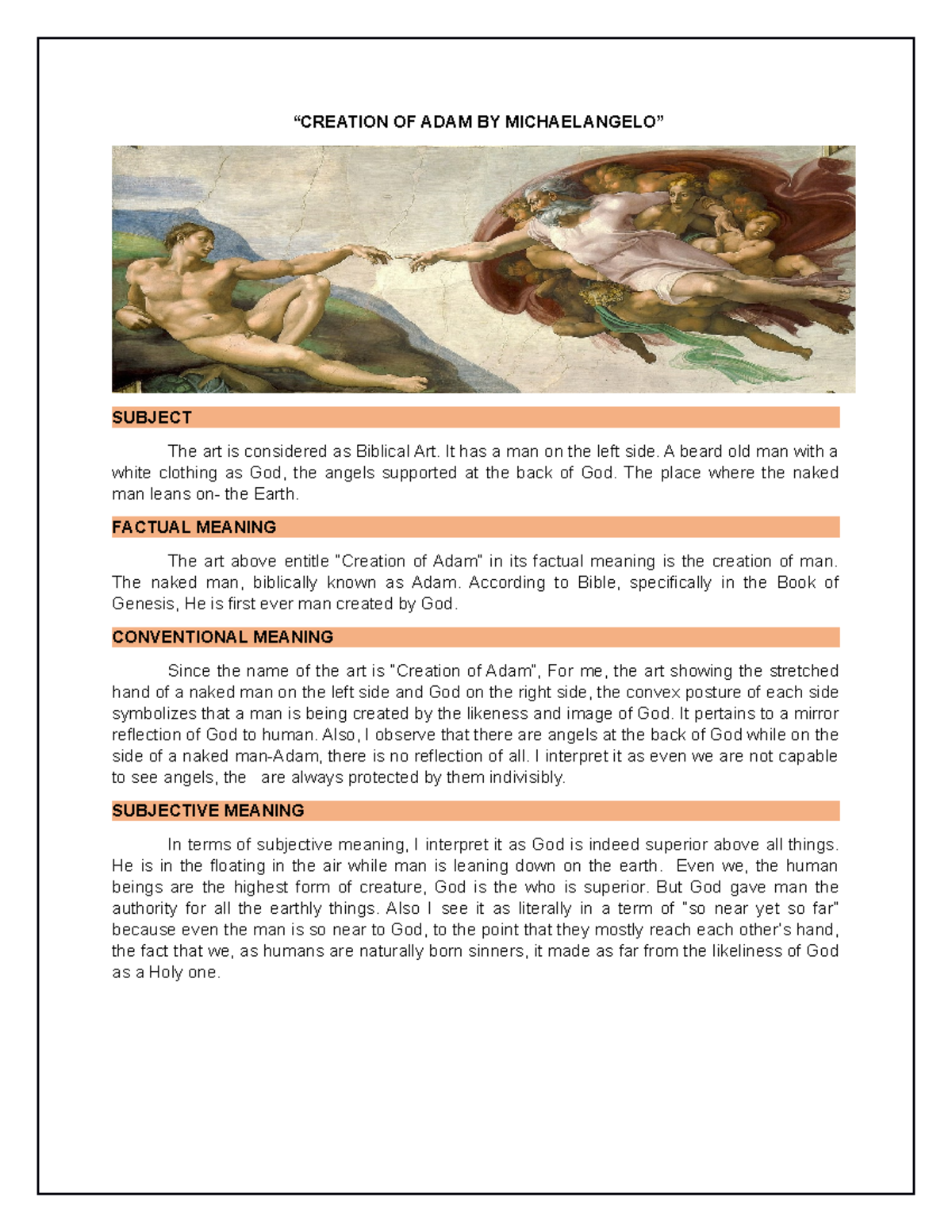 Creation of Adam - Grade: A+ - “CREATION OF ADAM BY MICHAELANGELO ...