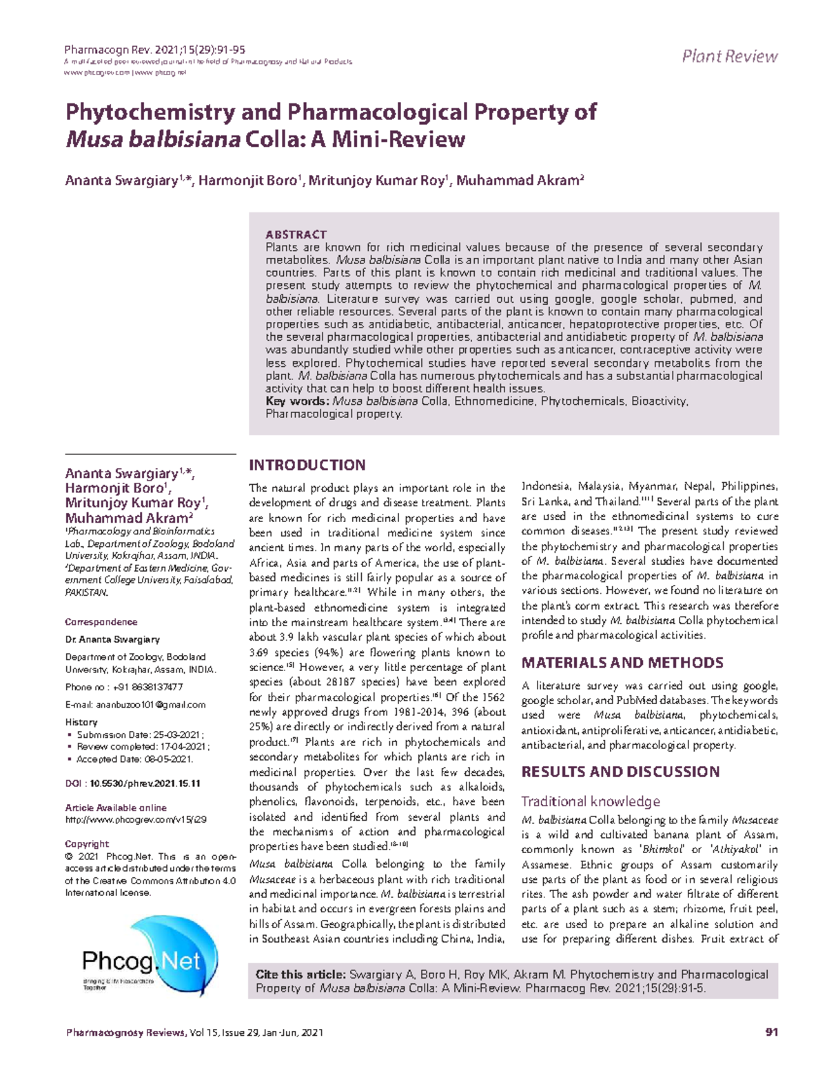 Pharmacogn Rev 15:29 - Phytochemical & Pharmacological Insights on Musa ...