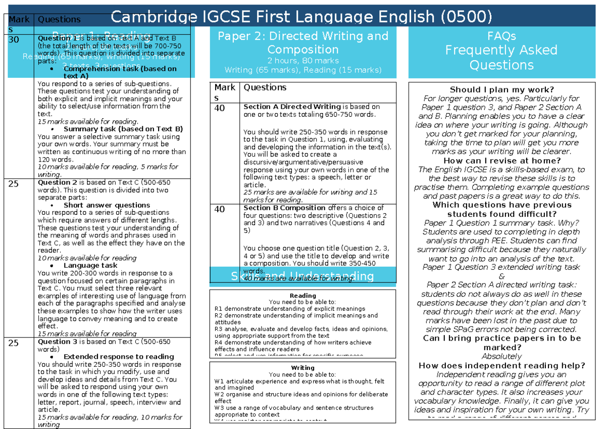 Cambridge IGCSE First Language English (0500) Paper 1 & 2 Marking Guide ...