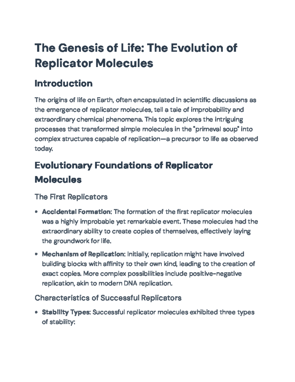 The Genesis of Life: Evolving Replicator Molecules and Their Impact ...