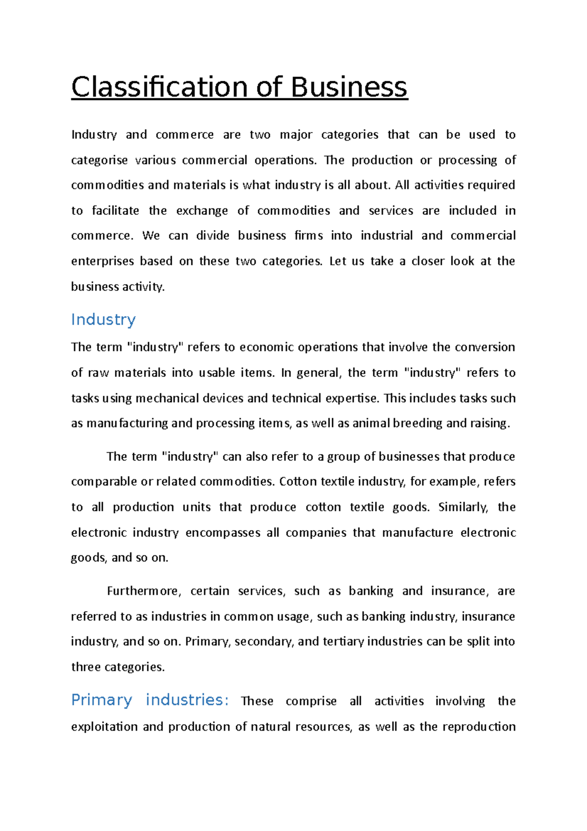 Classification of Business - Classification of Business Industry and ...