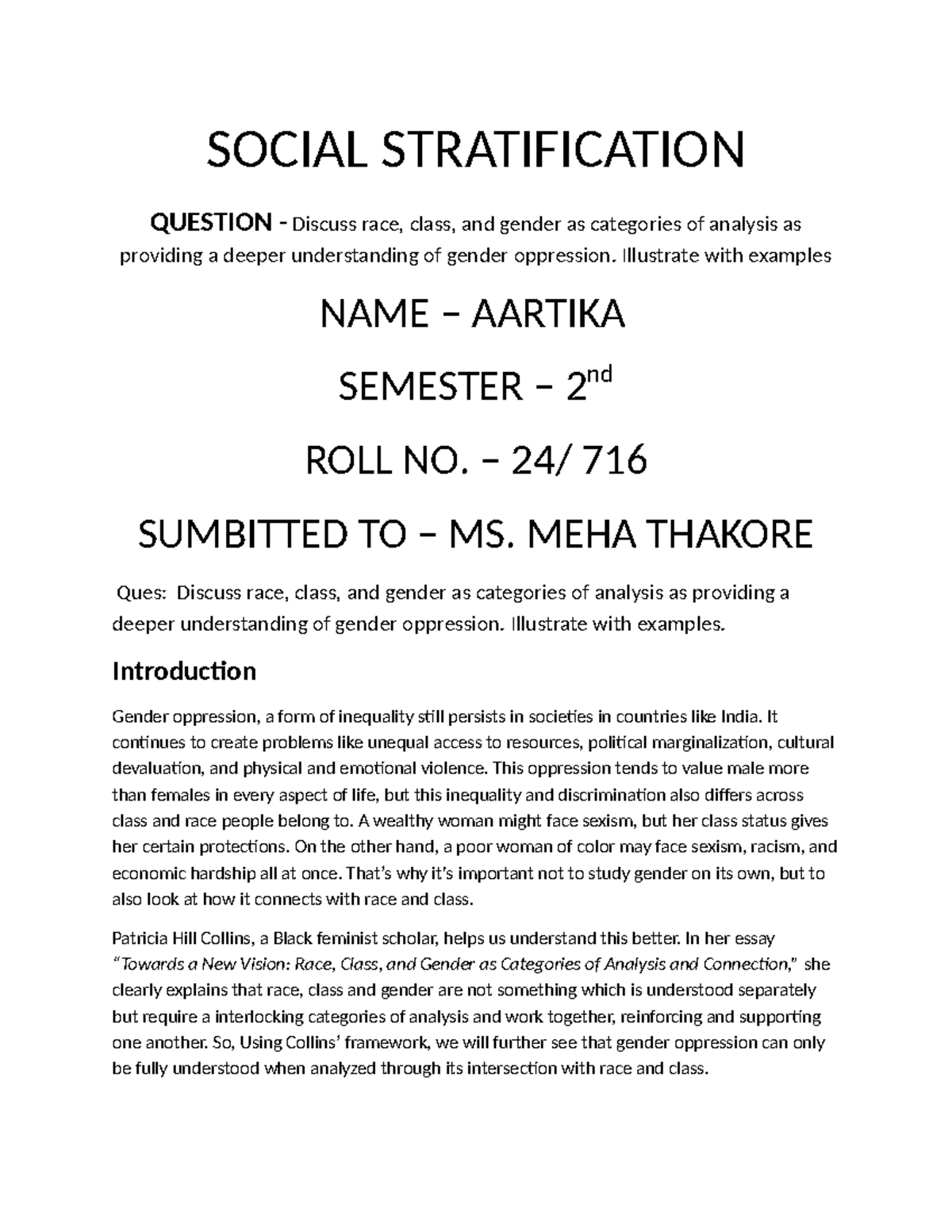 SOCIAL STRATIFICATION: Race, Class, and Gender Analysis (IA) - Studocu