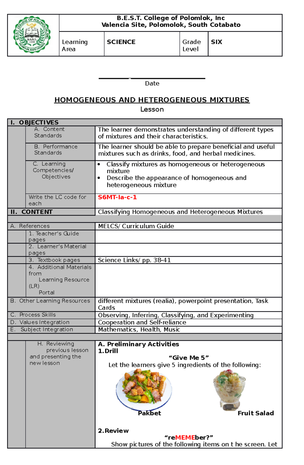 Final Lesson Plan: Discussing Homogeneous & Heterogeneous Mixtures ...