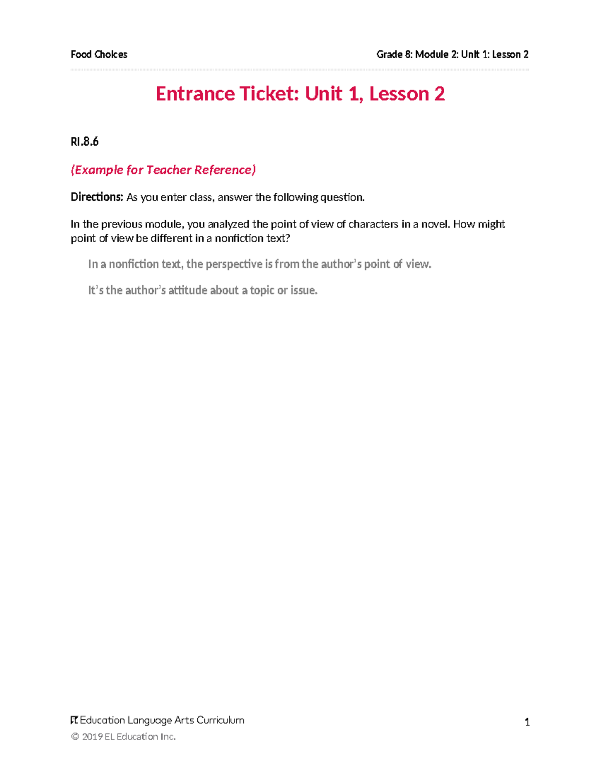 G8M2U1L2: Entrance Ticket for Lesson 2 - Analyzing Point of View in ...