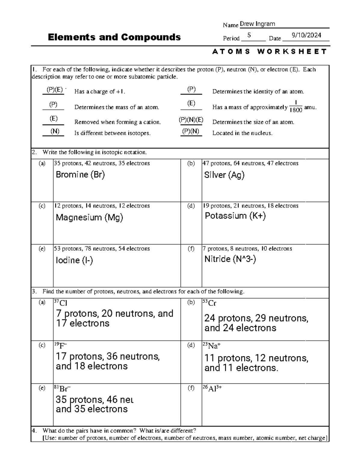 Atoms and Subatomic Particles Worksheet - Period 5 (Chem 101) - Studocu