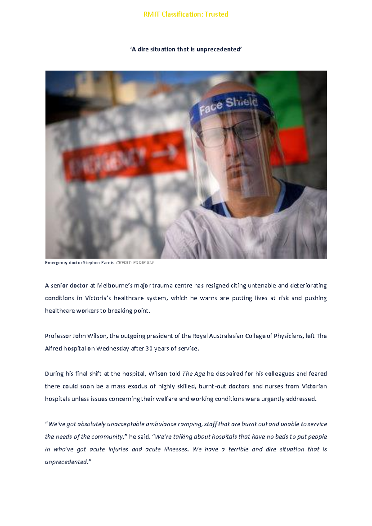 Assessment 2 Case scenario S2-2022 A dire situation that is ...