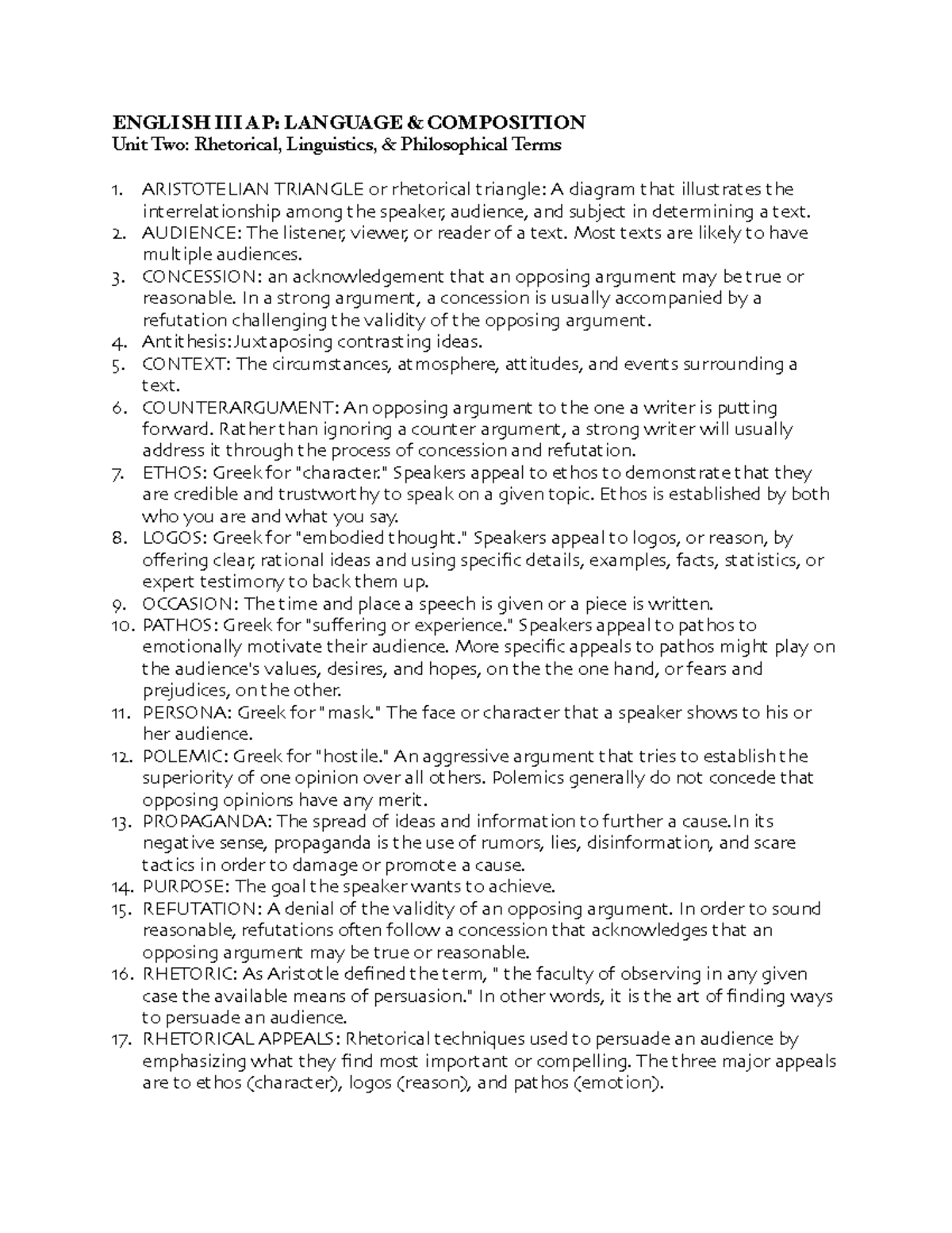 ENGLISH AP: LANGUAGE COMPOSITION Unit 2 Rhetorical & Linguistic Terms ...