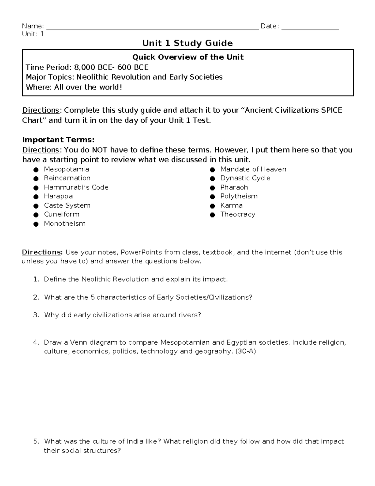 Krishna Dholaria - WH Unit 1 Study Guide 21 - Name: - Studocu