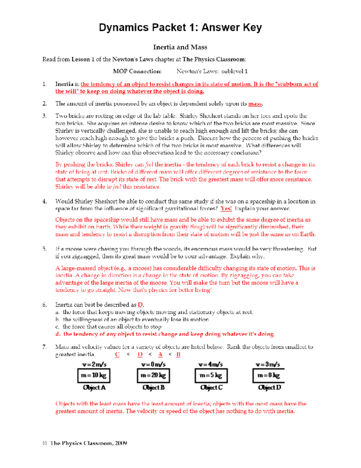 Dynamics Packet 1: Answer Key on Inertia and Mass - Physics 101 - Studocu