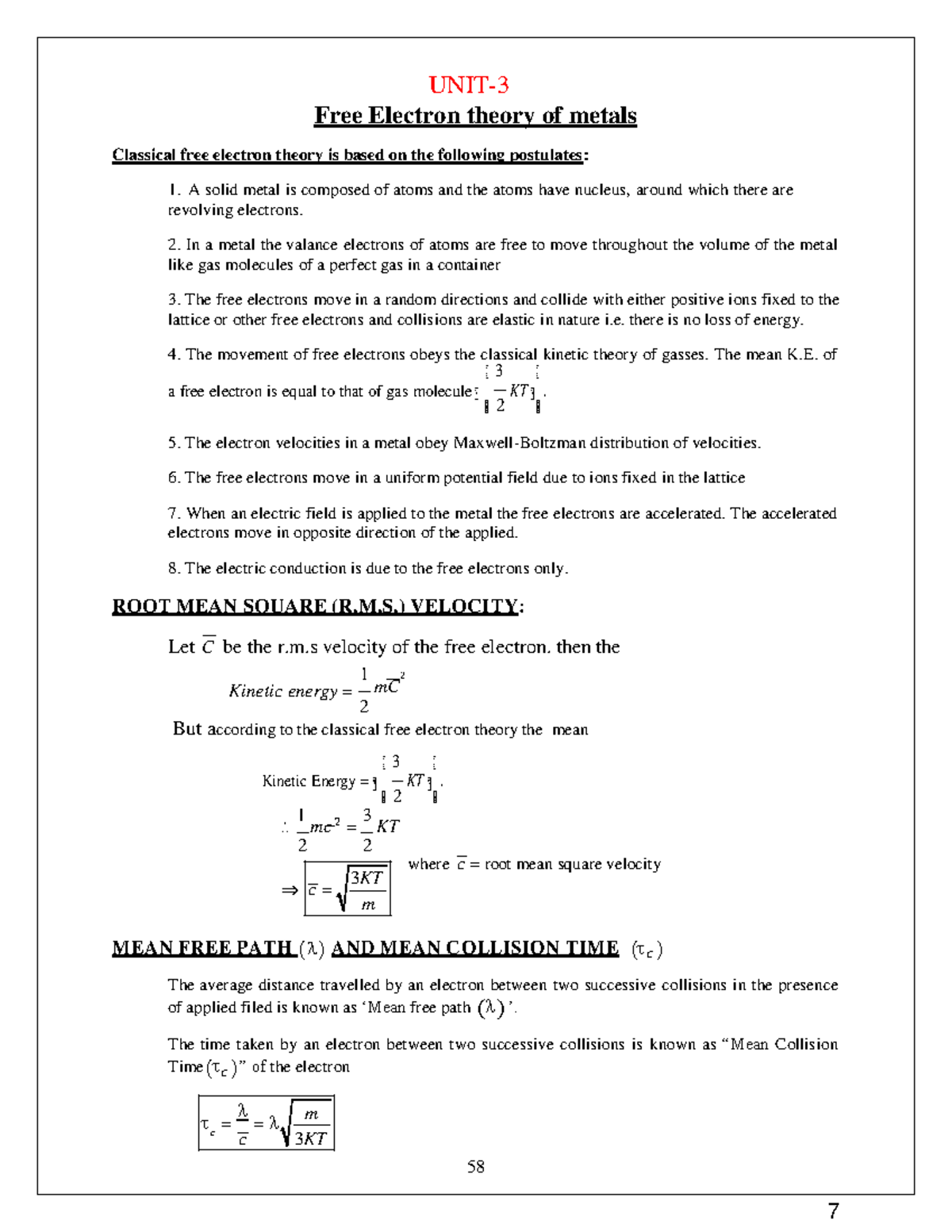 Free Electron Theory - Unit 3: Understanding Metals and Conductivity ...